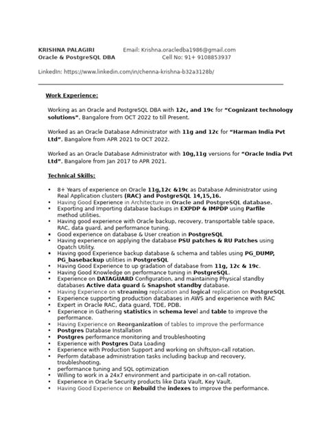 Oracle Postgresql Dba Resume Pdf Databases Postgre Sql