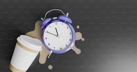 엎질러진 커피와 그 옆에 골판지 컵이 있는 알람 시계 일찍 일어나고 일하러 가고 늦는 개념 3d 렌더링 사진