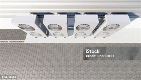 공장 공장 외부의 응축기 장치 또는 압축기의 3d 렌더링 Ac 에어컨 난방 환기 또는 Hvac 에어컨 시스템 장치 열과 냉각을