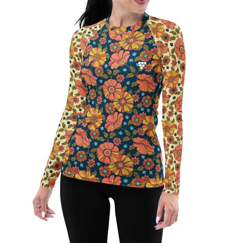 Womens Retro 70s Floral Rash Guard Upf 50 Berry Jane™