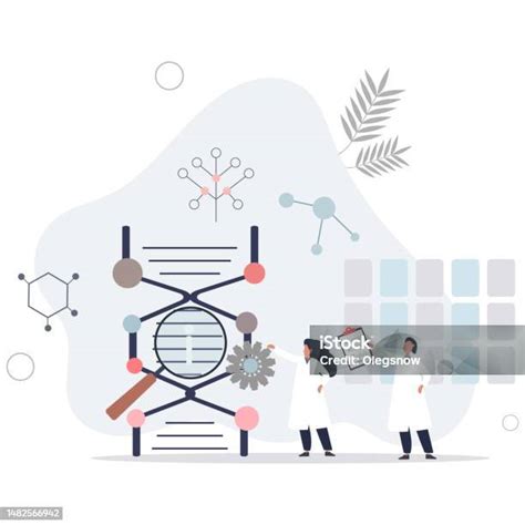 생물학적 데이터 또는 생명 공학 연구로서의 생물 정보학 분자 생물학 및 유전학 정보 Researchflat 벡터 그림입니다