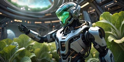 humanoid robots grow vegetables in a space farm generating ai stock