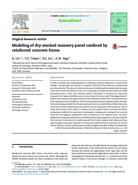 Pdf Modeling Of Dry Stacked Masonry Panel Confined By Reinforced Concrete Frame Adrian Page