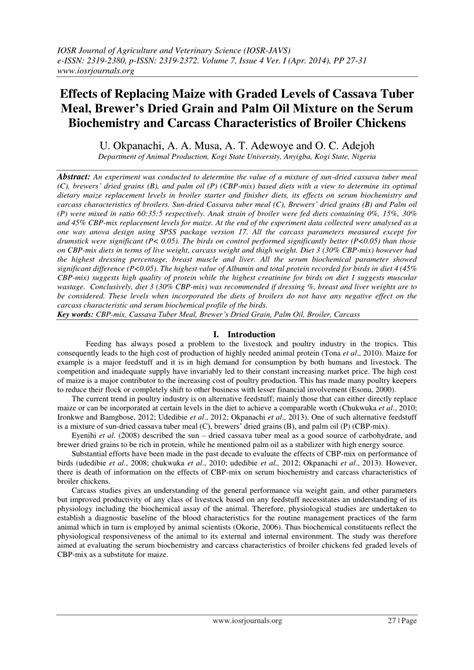 Download Pdf Effects Of Replacing Maize With Graded Levels Of Cassava Tuber Meal Brewers