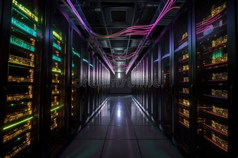 data center with multiple rows of server racks each filled with