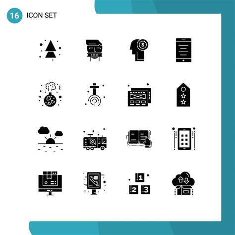 Set Of 16 Vector Solid Glyphs On Grid For Heart Cell Terrorism Text Thinking Editable Vector