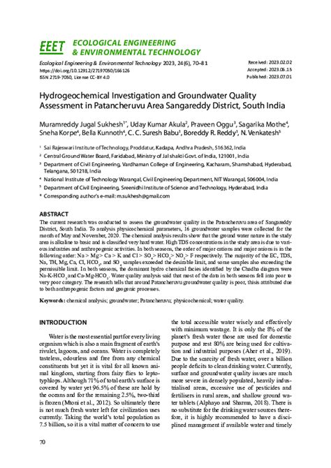 Pdf Hydrogeochemical Investigation And Groundwater Quality Assessment In Patancheruvu Area