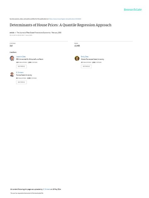 Determinants Of House Prices A Quantile Regression Approach Pdf