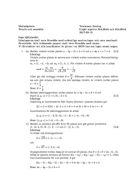 Linalg 170313 Lösning Malmögskola Tentamen Lösning Teknik Och Samhälle Linjär Algebra Ma204a