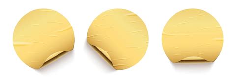 골드 접착제 라운드 스티커 황금 백 사이드 컬링 세트 3d 원형 모양의 빈 종이 라벨 벡터 일러스트레이션 빛나는 껍질 효과와 구겨진 나쁜 배지 0명에 대한 스톡 벡터 아트