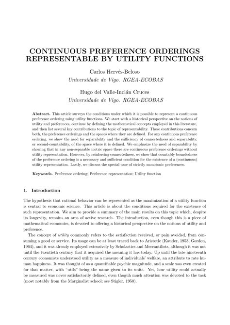 Pdf Continuous Preference Orderings Representable By Utility Functions
