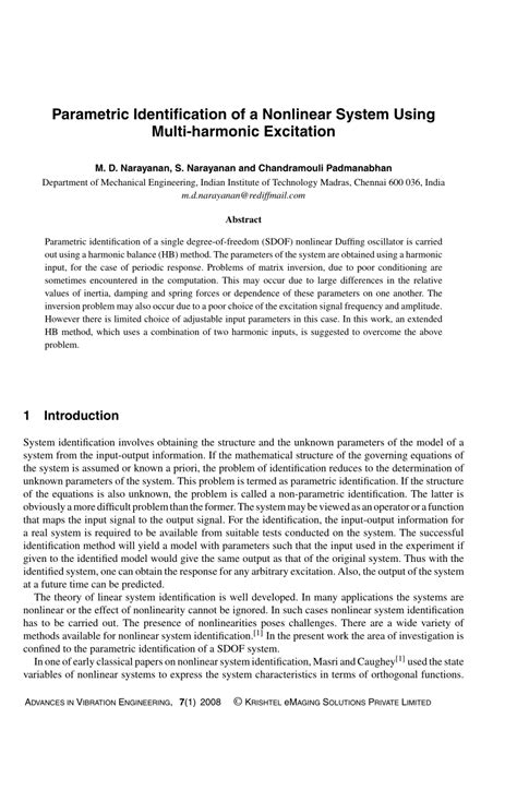 PDF Parametric Identification Of A Nonlinear System Using Multi Harmonic Excitation