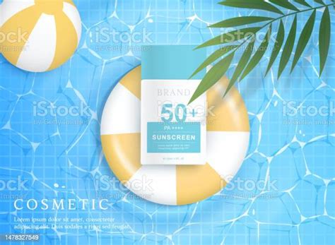 수영 반지가 있는 물 배경에 있는 자외선 차단제 제품 광고 템플릿 3차원 형태에 대한 스톡 벡터 아트 및 기타 이미지 3차원 형태 공 스포츠 장비 광고 Istock