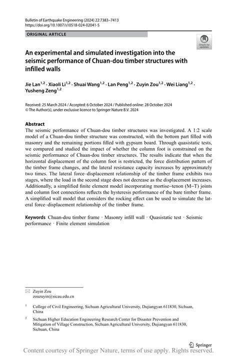 An Experimental And Simulated Investigation Into The Seismic Performance Of Chuan Dou Timber