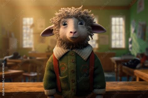 Cartoon Style Sheep Student In The Classroom Stock Illustration