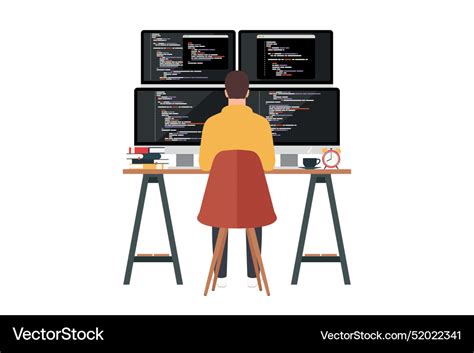 Programmer Working Writing Code On Computer Vector Image