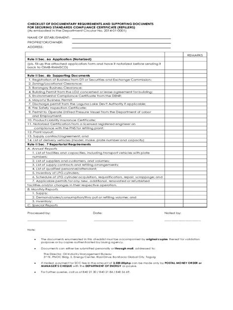 Fillable Online Checklist Of Requirements For Securing Standards