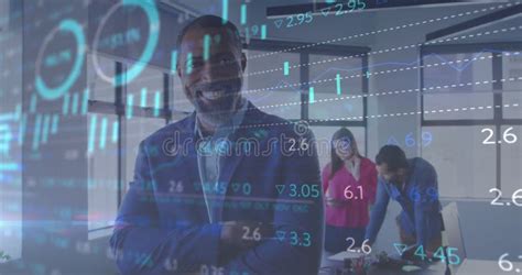 Animation Of Stock Market Data Processing Over Portrait Of African