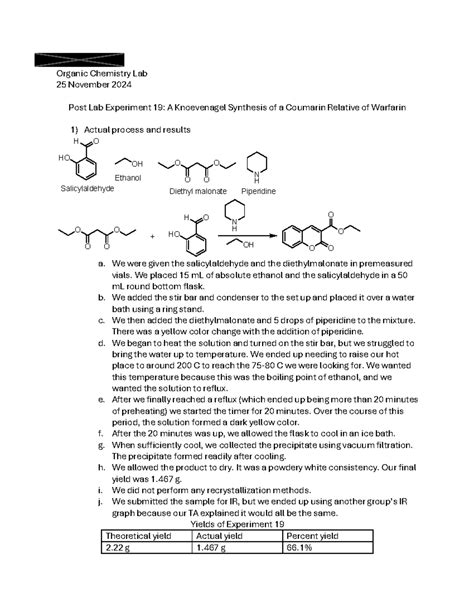 post lab experiment 19 this is a post lab for organic chemistry lab