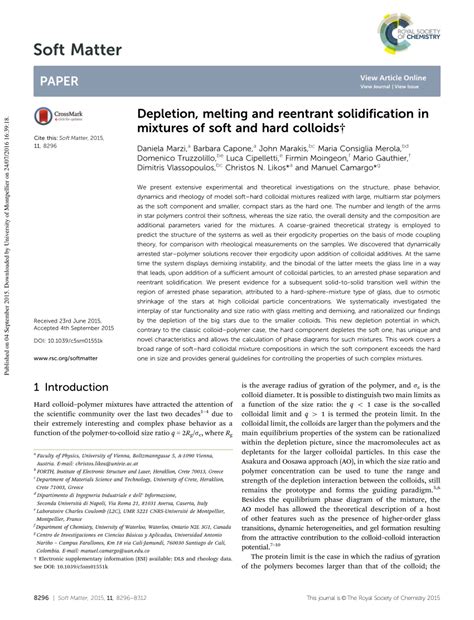 Pdf Depletion Melting And Reentrant Solidification In Mixtures Of Soft And Hard Colloids