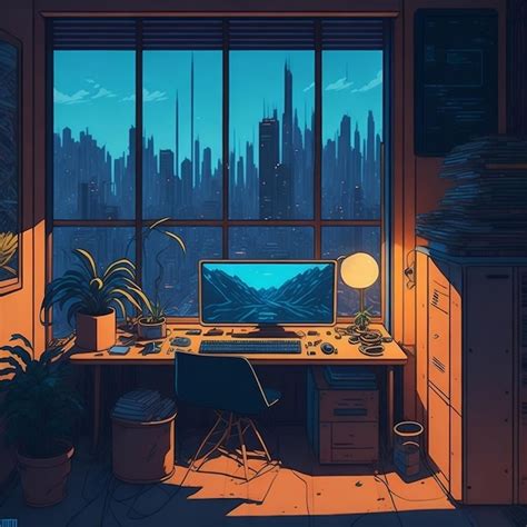 Premium Ai Image A Computer In A Small Room With A Big Window Futuristic Outside Cyberpunk Style