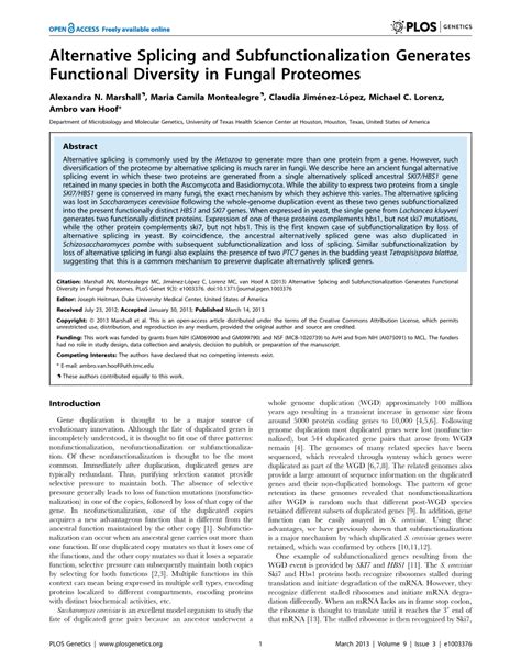 Pdf Alternative Splicing And Subfunctionalization Generates