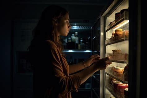 Premium AI Image Hungry Woman Looking For Food In Fridge At Night Generative AI