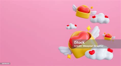 날개와 빨간 하트가 달린 노란 봉투 내 발렌타인이 되어줘 해피 발렌타인 데이 배너 텍스트 복사 공간 3d 렌더링 그림 3차원 형태에 대한 스톡 사진 및 기타 이미지 Istock