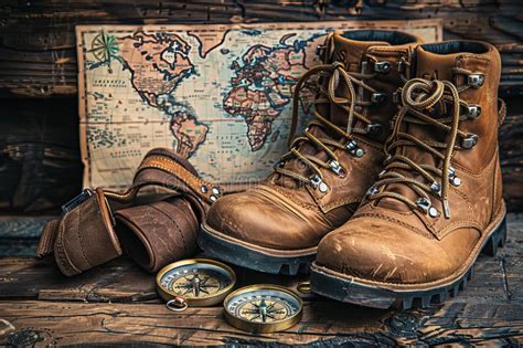 Featuring A Hiking Boots Trekking Gear Map And Compass On Wooden Stock Illustration