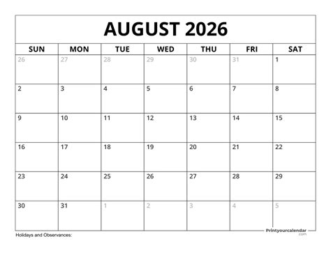 August 2026 Calendars Free Printable