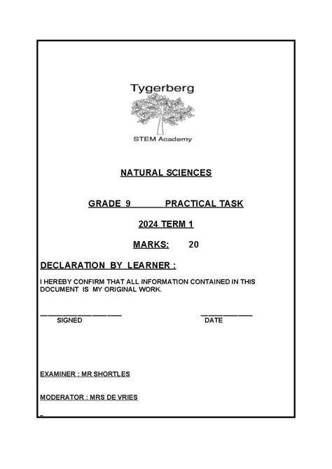 9ns T1 Practical Task Natural Sciences Grade 9 Practical Task 2024