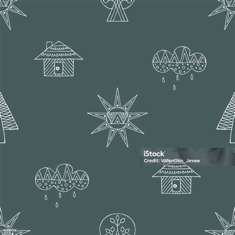 벡터 손으로 그려진된 완벽 한 패턴 장식 양식 유치 한 집 나무 태양 구름 비 선 그리기 낙서 스타일 그래픽 그림 아이가 귀여운 만화 손 그리기 0명에 대한 스톡 벡터 아트