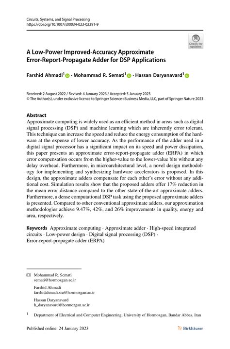 Pdf A Low Power Improved Accuracy Approximate Error Report Propagate Adder For Dsp Applications