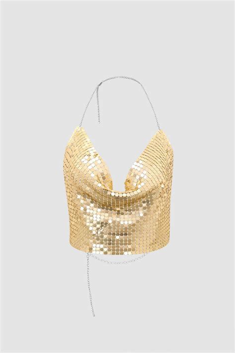 halter backless chainmail cami gold one size sheer color velvet