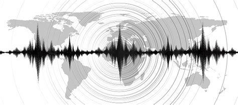 세계 지도 배경 오디오 디지털 다이어그램 개념 교육 및 과학 벡터 일러스트 레이 션에 대 한 디자인에 원형 진동 미니 지진 파