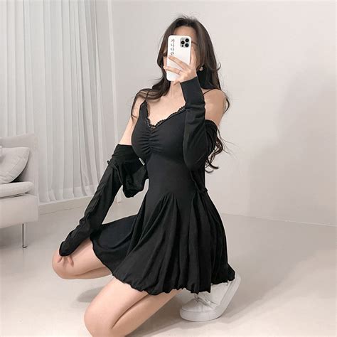 [여리핏 샤랄라] 가나다란 여리핏 셔링 레이스 끈나시 원피스 가디건 세트 2color