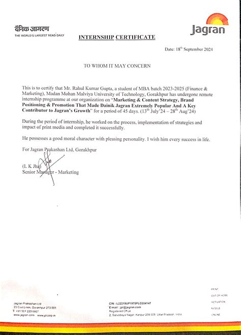 Rahul Gupta On Linkedin Summerinternship Dainikjagran Finance Marketing Learningexperience