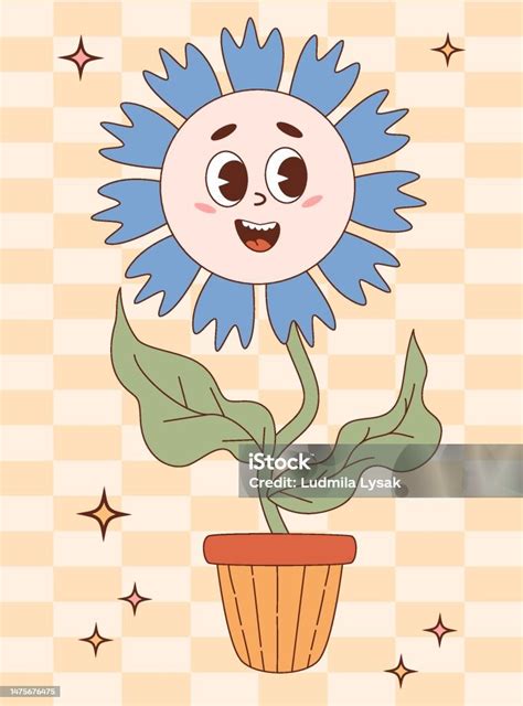 행복한 꽃의 힘 그루비 화분 향수를 불러일으키는 복고풍 만화 캐릭터 수레국화 냄비에 귀여운 식물 마스코트입니다 벡터 그림입니다 미적 현대 미술 카드 현대적인 장식 가공의