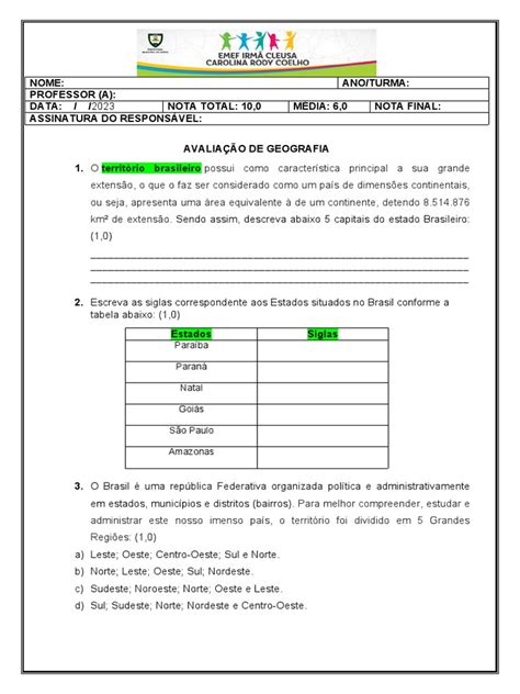AvaliaÇÃo Geografia Pdf Brasil