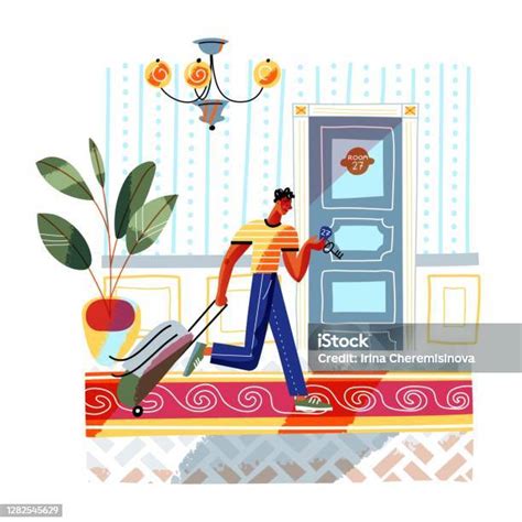 남자는 호텔에 열쇠와 함께 방에 입력 복도에 있는 문 앞에서 짐을 들고 서 있는 남자 해피 홀리데이 휴가 벡터 일러스트레이션 현대적인 호텔에 머무르는 사람들 실내 여행