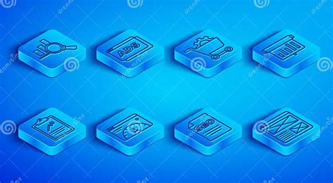 Set Line Magnifying Glass And Analysis Advertising Shopping Cart Website Statistic Seo