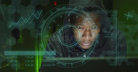 image of data processing over african american male hacker in server