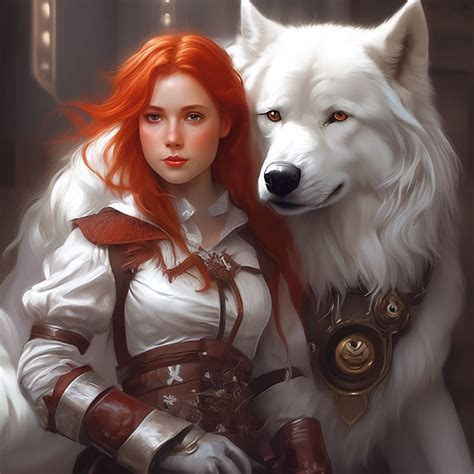 Red Haired Girl And White Wolf Defender — Image Created In Shedevrum