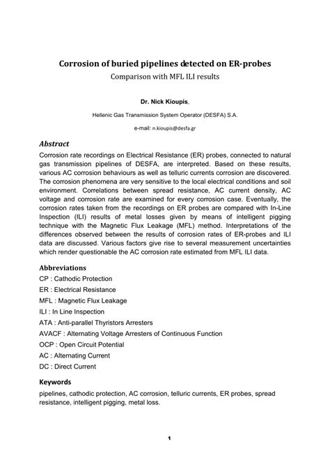 Pdf Corrosion Of Buried Pipelines Detected On Er Probes Comparison