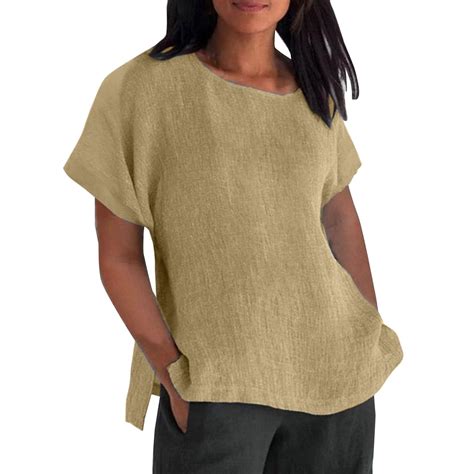 Lovskoo Cotton Linen Summer Tops For Women 2024 Round Neck Short Sleeve