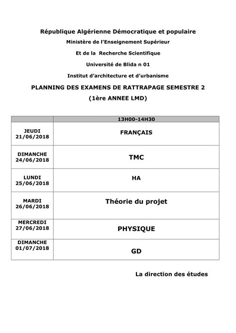 Planning Des Examens De Université Saad Dahlab Blida 1