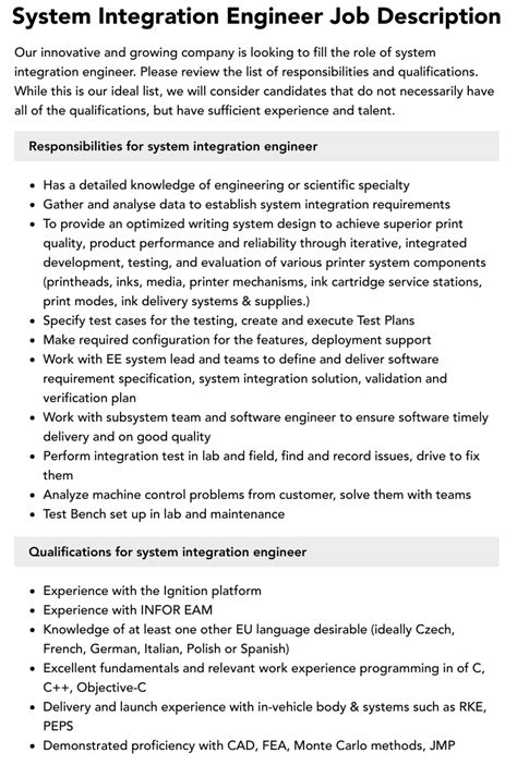 System Integration Engineer Job Description Velvet Jobs