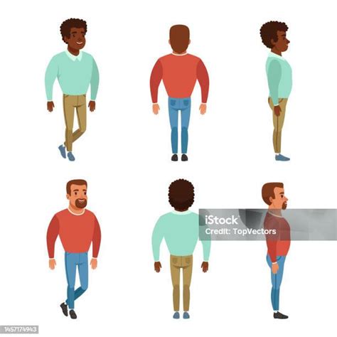 뒤로 앞면과 옆면보기 만화 벡터 일러스트 레이 션을 포즈를 취하는 젊은 남자의 전체 길이 초상화 만화에 대한 스톡 벡터 아트 및 기타 이미지 Istock