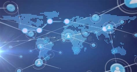 Animation Of Network Of Connections With Icons Over World Map Stock