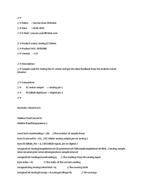 Analog Ec Meter Sample Code For Testing An Ec Meter And Obtaining